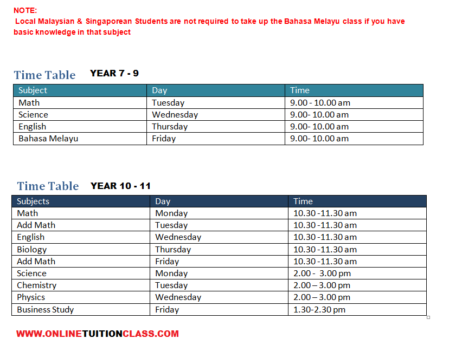 Time Table – Online Tuition Class Malaysia – IGCSE, SPM, SAT